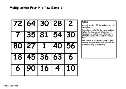 Y4 Multiplication Facts four in a Row Game | Teaching Resources