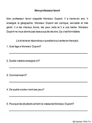 French Reading Comprehension Worksheets | Teaching Resources
