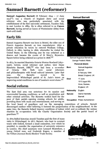 Samuel and Henrietta Barnett husband and wife social reformers ...