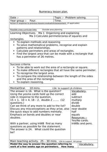 Year 4 Area and Perimeter Maths Lesson Plan Squares and Rectangles ...
