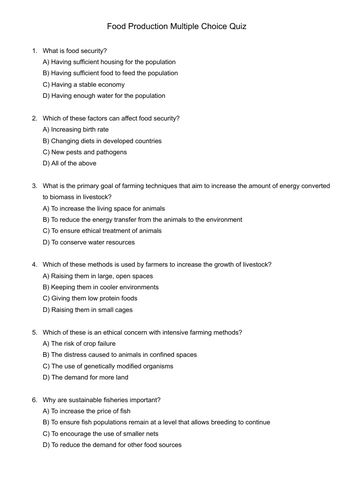 Food Production Multiple Choice Quiz - GCSE AQA Biology with Mark ...