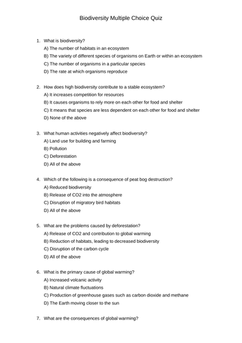 Biodiversity Multiple Choice Quiz - AQA GCSE Biology with Mark Scheme ...