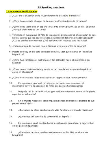 A level Speaking Spanish questions | Teaching Resources
