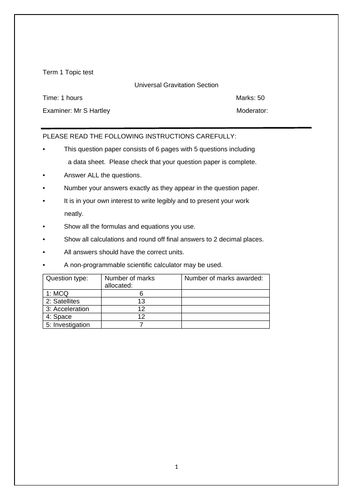PHYSICS TEST UNIVERSAL GRAVITATION | Teaching Resources