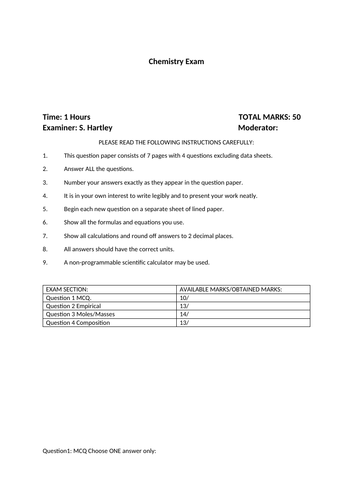 TEST SIMPLE STOICHIOMETRY | Teaching Resources