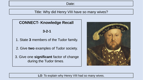 Entire KS3 SOW on the Tudors including; knowledge recall opportunities, assessments, DIRT and an ...