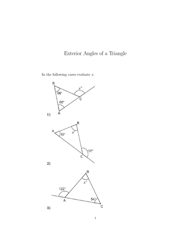 Exterior Angles of a Triangle Worksheet (with solutions) | Teaching ...
