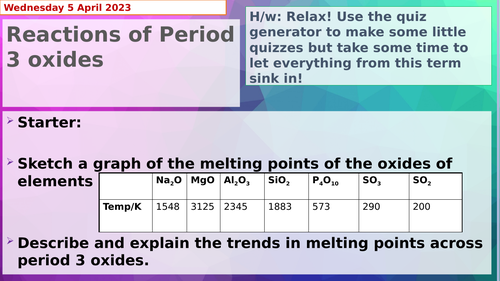 AQA Chemistry A Level Period 3 and Oxides | Teaching Resources