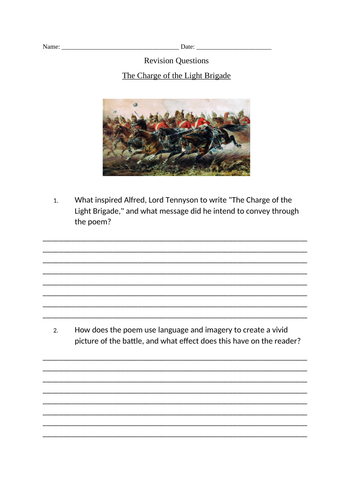 The Charge of the Light Brigade Revision Questions | Teaching Resources