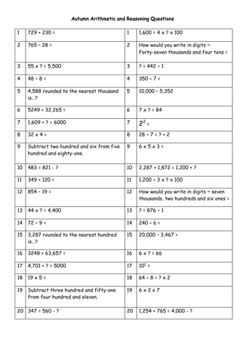 Year 5 Arithmetic and Reasoning Questions - Autumn Term | Teaching ...