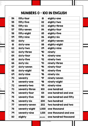 ENGLISH NUMBERS 0-100 LIST FREEBIE #1 | Teaching Resources