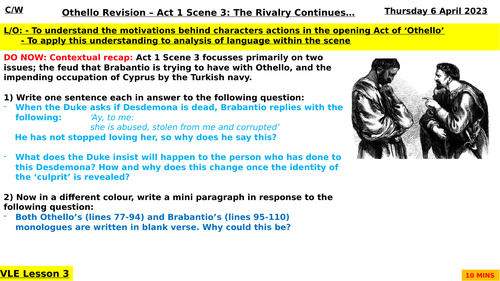 Othello Complete Act 1 and 2 Revision (Independent Learning) | Teaching ...