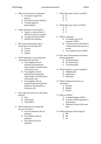 GCSE Biology (Higher) Summative Assessment on Genetics (Combined ...