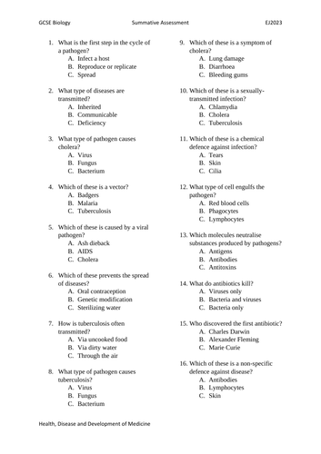 GCSE Biology (Higher) Summative Assessment on Health, Disease and ...