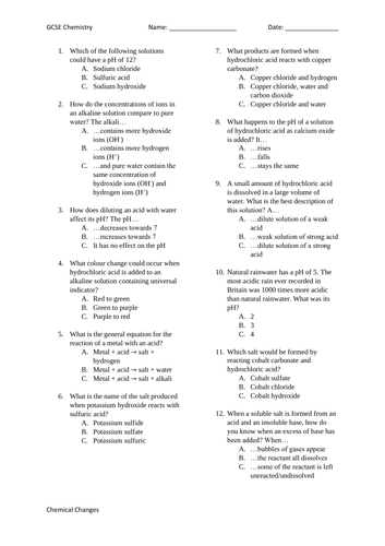 GCSE Chemistry (Higher) Summative Assessment on Chemical Changes ...