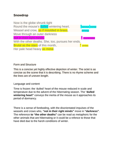 Revision notes on Snowdrop by Ted Hughes iGCSE ENGLISH LITERATURE CIE ...