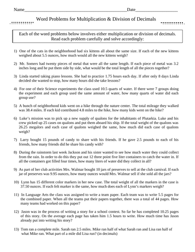 Decimals Word Problems Multiplication and Division | Teaching Resources