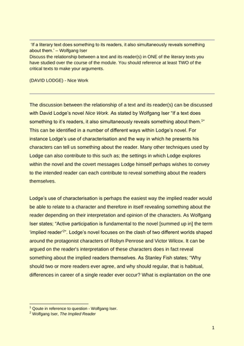 David Lodge Nice Work Essay Exemplar | Teaching Resources