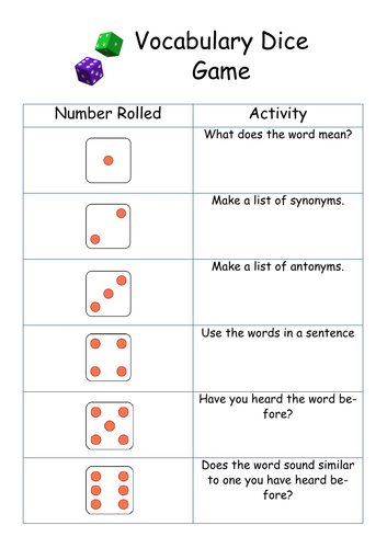 Vocabulary Dice Game | Teaching Resources
