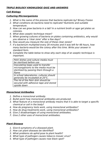 AQA TRIPLE/SEPARATE BIOLOGY KNOWLEDGE QUIZZES AND ANSWERS MEMORY ...