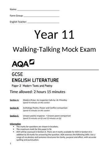 AQA English Literature GCSE Walking-Talking Mock Exams | Teaching Resources