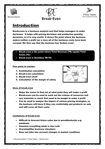 Edexcel A level Business Break Even Tricky Topic worksheet lesson ...