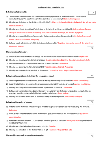 AQA A-Level Psychology: Psychopathology SOW | Teaching Resources