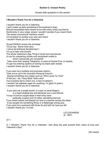 Valentine's Day Unseen Poetry | Teaching Resources