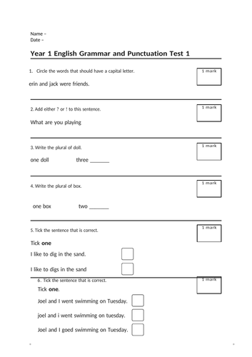 Year 1 English Grammar and Punctuation Test | Teaching Resources