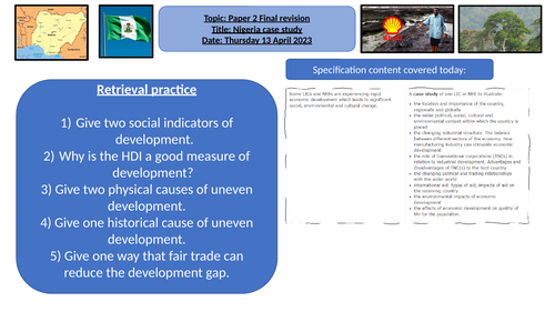AQA Geography Nigeria NEE Case study revision sheet and lesson ...