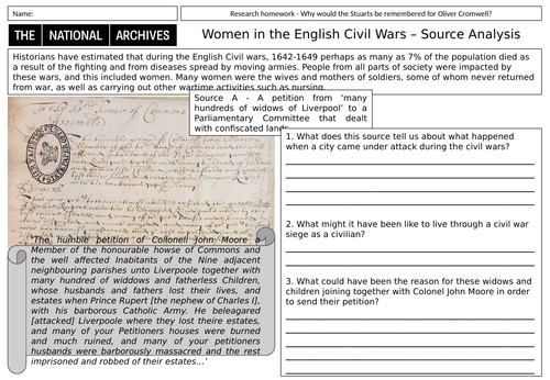 KS3 English Civil War -The Role of Women | Teaching Resources