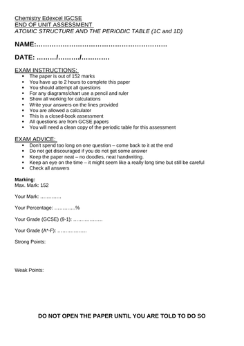 Edexcel Igcse Chemistry Topic Test Atomic Structure And The Periodic Table Teaching Resources