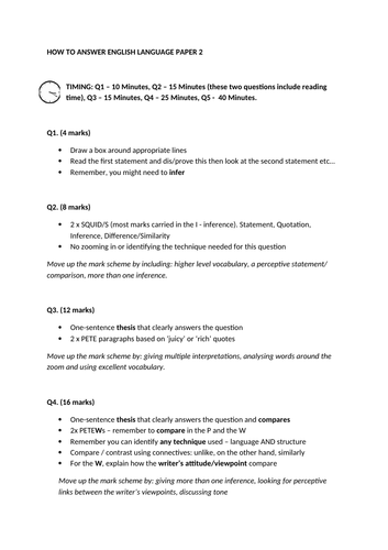 AQA Language Paper 1 and 2 crib sheets / help sheets ESSENTIAL REVISION | Teaching Resources