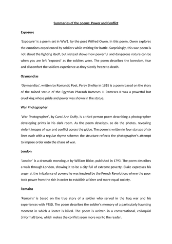 AQA Poetry Power and Conflict poems - summaries of all poems | Teaching ...