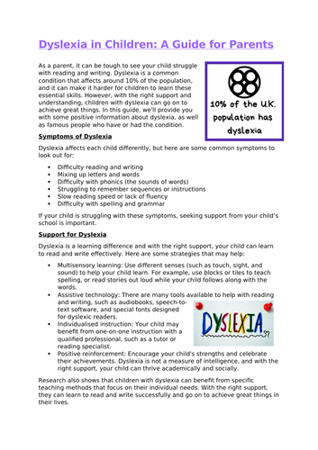 Dyslexia in Children a guide for parents | Teaching Resources