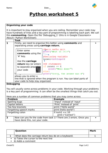 Python worksheet#5 - Organising & debugging | Teaching Resources Python worksheet#5 - Organising & debugging | Teaching Resources