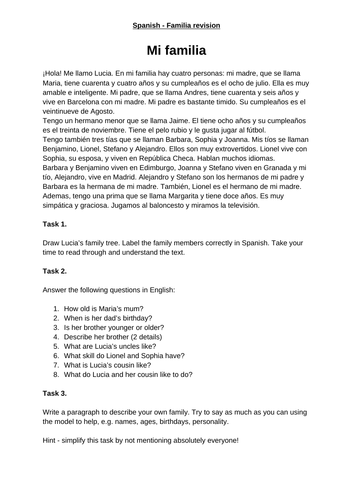 Mi Familia revision text | Teaching Resources