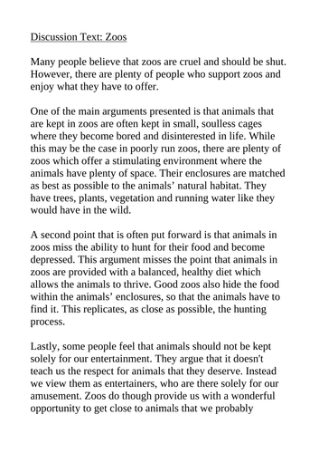 Zoo Discussion Text | Teaching Resources
