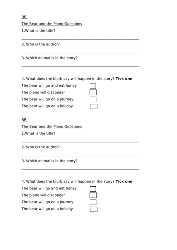 Reciprocal Guided Reading Year 2 Bear and the Piano editable 4 weeks ...