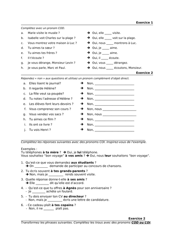 Pronoms COD COI Lesson + exercises KS3 KS4 KS5 | Teaching Resources