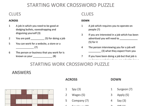 Jobs - Starting Work Crossword Puzzle and Lesson Plan (UK) | Teaching ...