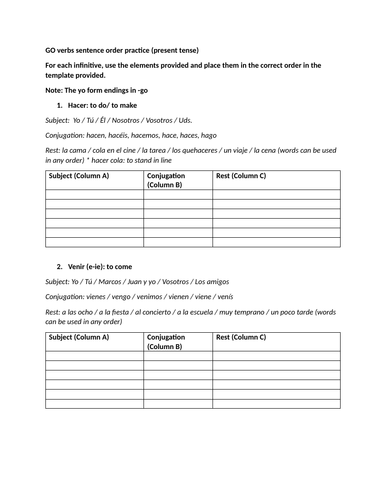 GO verbs sentence order practice (present tense) | Teaching Resources