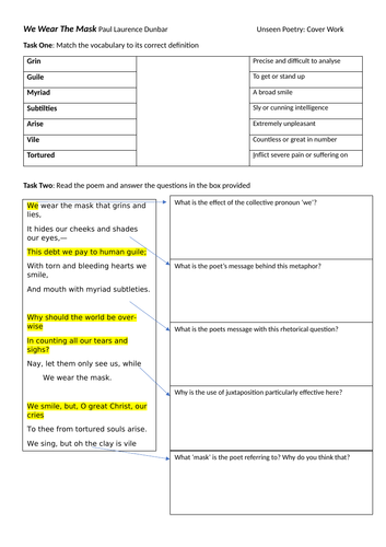 English Cover Work: Unseen Poetry We Wear The Mask by Paul Laurence ...