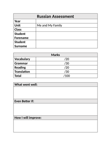 Russian - Me and My Family Unit Assessment + Answers | Teaching Resources