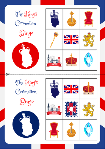 King Charle's Coronation Bingo Game. 10X Game Cards / Sheets & 1 Grid ...