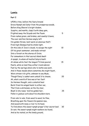 'LAMIA I ' - ANNOTATED KEATS' POETRY - AQA KS5 | Teaching Resources