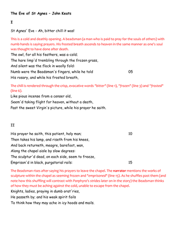 TRAGEDY - KEATS-'THE EVE OF ST. AGNES'-FULL ANNOTATION | Teaching Resources