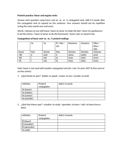 Preterit practice: Hacer and regular verbs | Teaching Resources