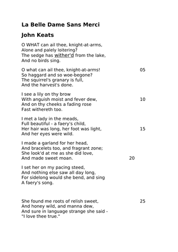 'LA BELLE DAME SANS MERCI '- ANNOTATED KEATS' POETRY - AQA KS5 ...