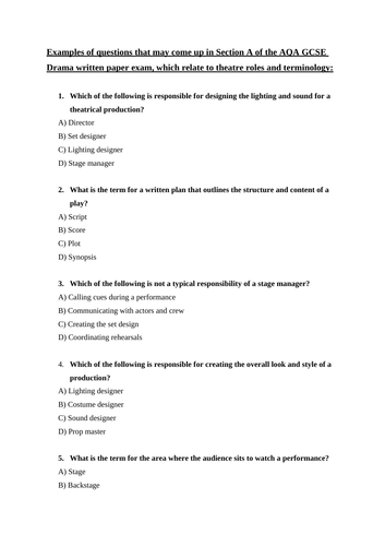 AQA GCSE Drama Exam: Multiple Choice - Theatre Roles and Terminology ...